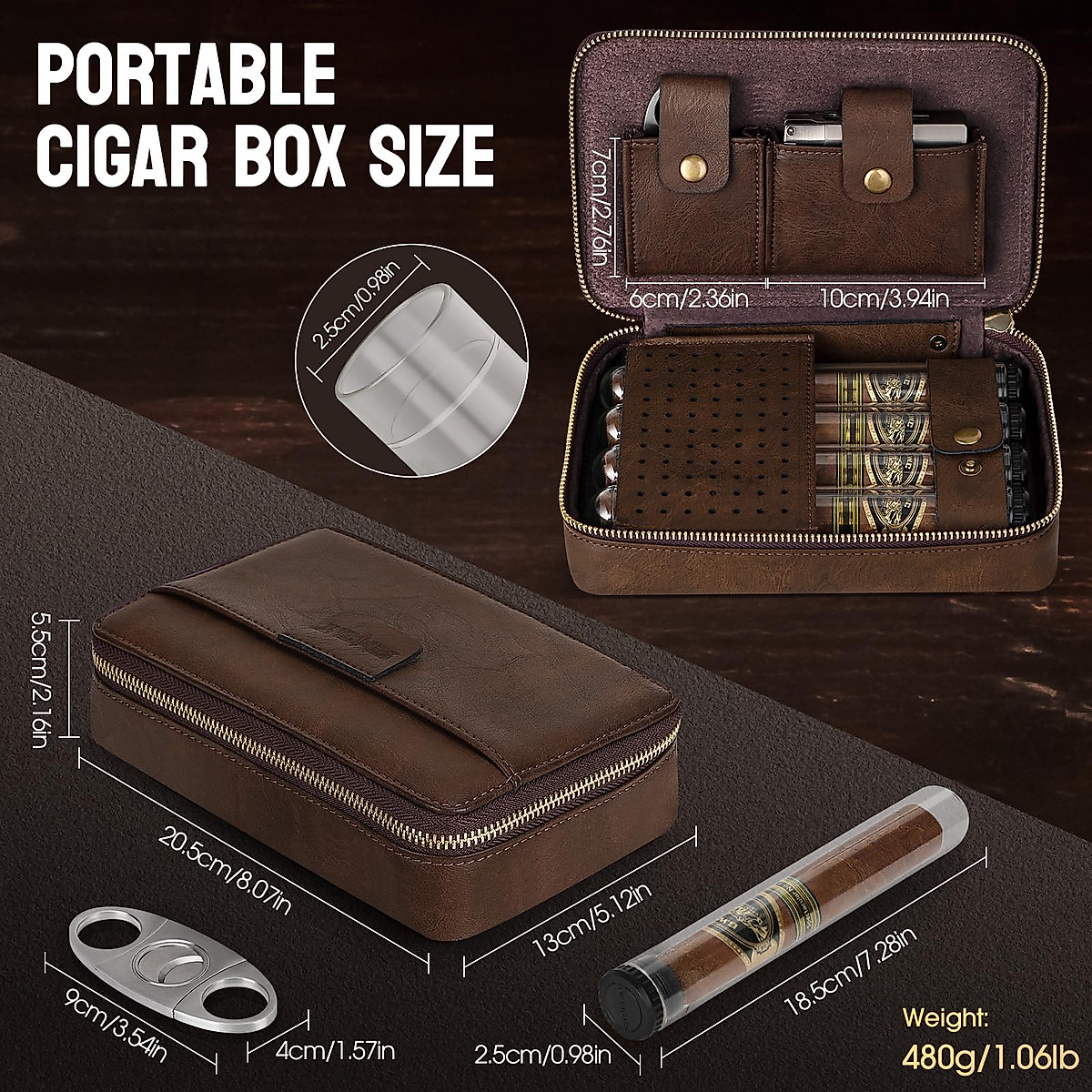 SEMKONT Travel Cigar Humidor Portable Travel Cigar Case with 4 Cigar Tube, Leather Travel Cigar Humidor Include Cigar Cutter, Men's Cigar Accessories Gift Set (Brown)