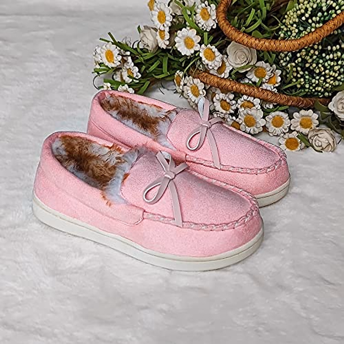 VONMAY Kids Slippers Boys Girls Moccasins House Shoes with Comfy Faux Fur Lining Memory Foam Slipper, Pink