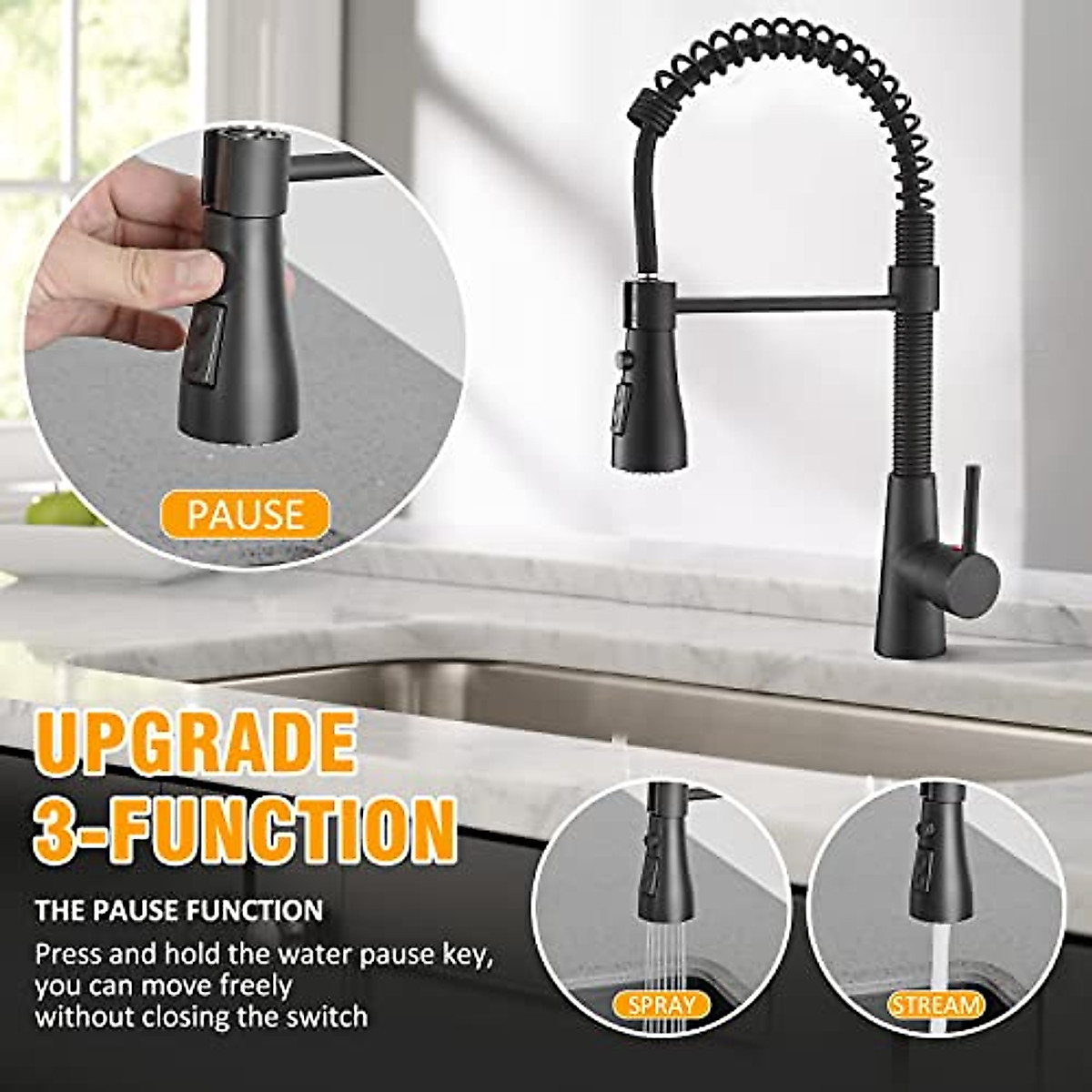BESy Kitchen Faucet with Pull Down Sprayer, High-Arc Single Handle Single Lever Spring Rv Kitchen Sink Faucet with Pull Out Sprayer, 3 Function Laundry Faucet with Cover Plate, Matte Black