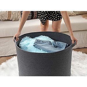 24" x 24" x 17" Max Size Large Cotton Rope Basket, Extra Large Storage Basket, Woven Laundry Hamper, Toy Storage Bin, for Blankets Clothes Toys Pillows in Living Room, Baby Nursery, All Dark Grey