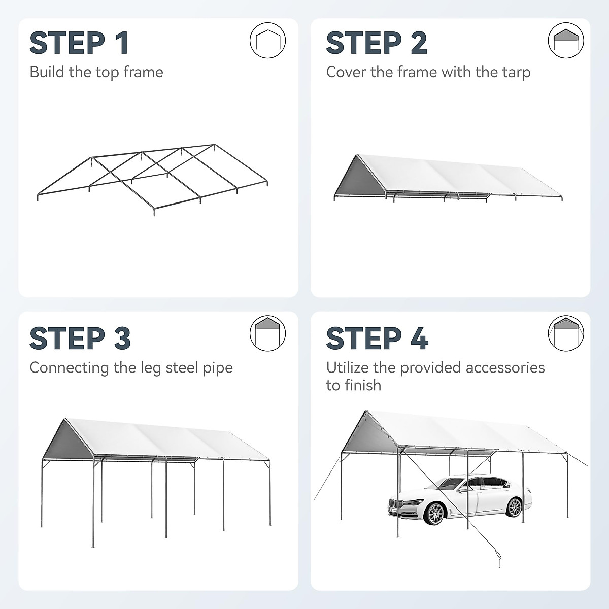 PHI VILLA 12x20 ft Heavy Duty Carport Car Canopy Party Tent Adjustable Peak Height, Garage Storage Boat Shelter with Waterproof & UV Protected Tarp, White