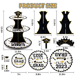 2-Set Class of 2023 Black Gold 3-Tiered Graduation Round Cardboard Cupcake Stands 24 Cake Inserts and 24 Cake Borders for Grad Themed Party Decor Graduation Dessert Favors Supplies (Black Gold)