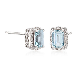 Ross-Simons 1.00 ct. t.w. Aquamarine Stud Earrings With Diamond Accents in Sterling Silver