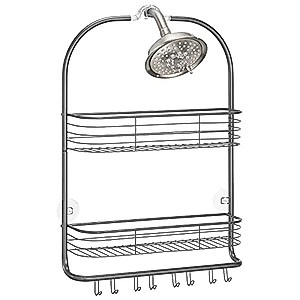 mDesign Extra Wide Hanging Shower Caddy Storage Organizer, Metal Wire Bathroom Organization Center with Built-in Hooks and Baskets on 2 Levels for Shampoo, Body Wash, Loofahs - Graphite Gray