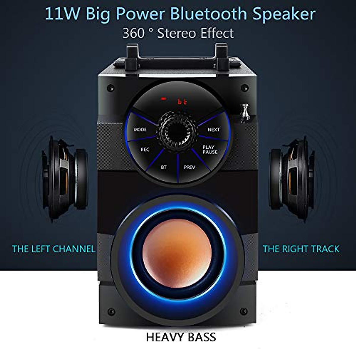 Bluetooth, Portable Wireless Speaker with Subwoofer Heavy Bass, 2 Loud , LED Lights, FM Radio, Remote Control, MP3 Player Powerful, Suitable for Travel, Indoor and Outdoor
