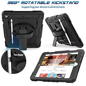 Timecity for iPad 6th/5th Generation Case, for iPad 9.7 inch Case 2018/2017 with Screen Protector, 360 Rotating Stand/Hand Strap, Full-Body Protective Case for iPad 6th/5th Gen/Air 2/ Pro 9.7''-Black
