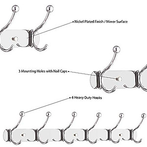 Wall Hooks Rack – Nickle Wall Mount Hook Rack with Six Double Hooks for Hanging Towels Coats Purse Bags & Clothes, Decorative Heavy Duty Mounted Hangers for Hats, Metal Hanger for Room