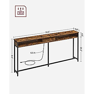 VASAGLE 70 Inch Console Table with Outlet and Shelves, Sofa Table with Hidden Charging Station, Behind Couch Table Skinny, Long Entryway Table for Hallway, Living Room, Rustic Brown and Black