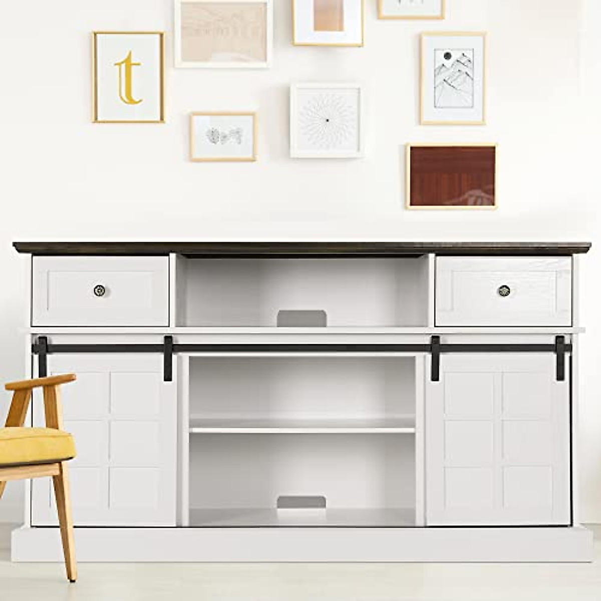 White TV Stand, Entertainment Center for 65 inch TV, 58" Modern Farmhouse TV Stand with Sliding Barn Door, Tall TV Console and Storage Cabinet with Flip Drawers for Living Room