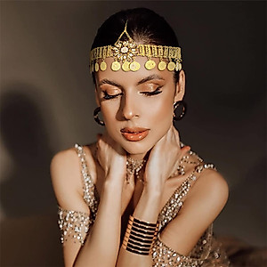Woeoe Crystals Head Chain Jewelry Gold Retro Headpiece Coin Boho Vintage Belly Dance Prom Costume Hair Chains Accessories for Women