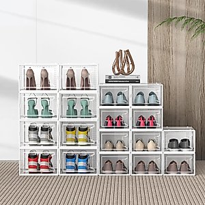 Secret Space 12 Pack Large Shoe Storage Organizer for Closet, Modular Space Saving Shoe Boxes Clear Plastic Stackable Containers Display Case Bins with Lids, Shoe Rack for Sneaker Storage, White