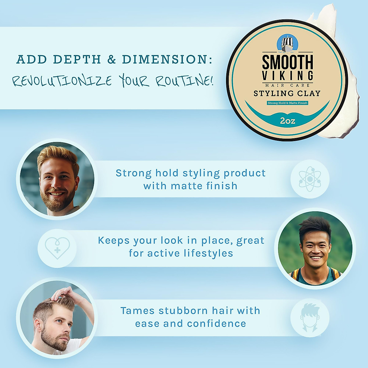 Smooth Viking Hair Clay for Men - Strong Hold, Clay Pomade, Hair Paste, Styling Clay with Matte Finish, Made in USA, 2oz