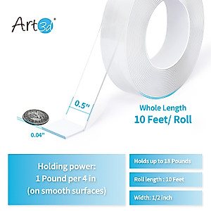 Art3d Double-Sided Tape Heavy Duty (10FT) Mounting Tape, Multipurpose Removable Adhesive Foam Tape, Reusable Transparent Tape for Paste Items, Household