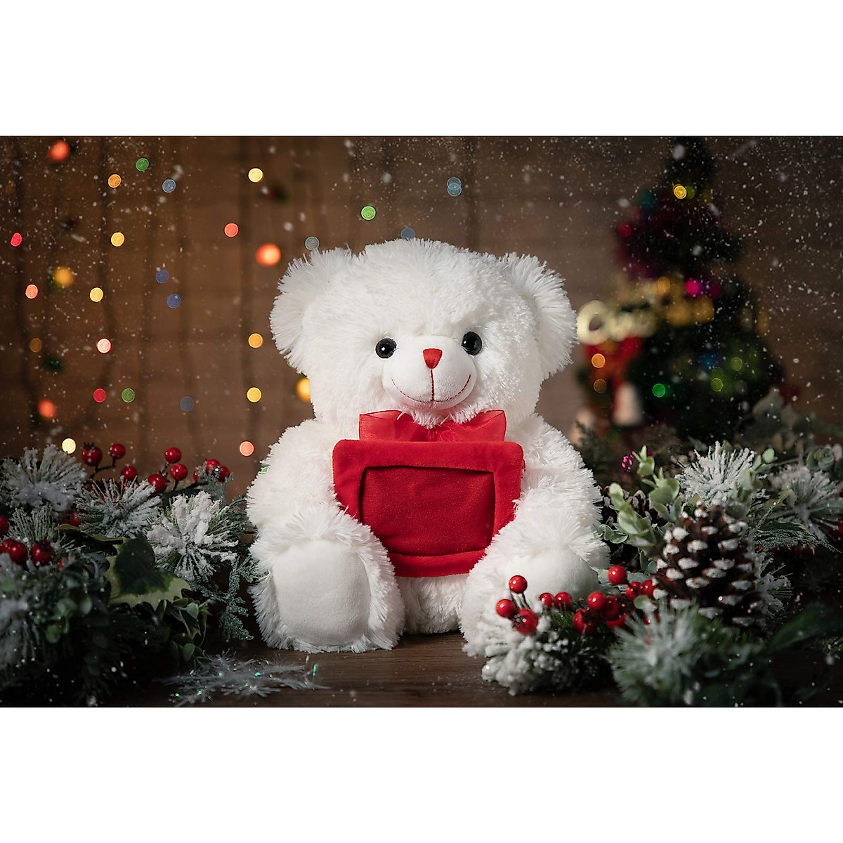 HollyHOME Teddy Bear Stuffed Animal Plush Bear with Red Bow Holding a Picture Frame Soft Plush Toy Christmas Valentine's Day Gift 12 Inches White