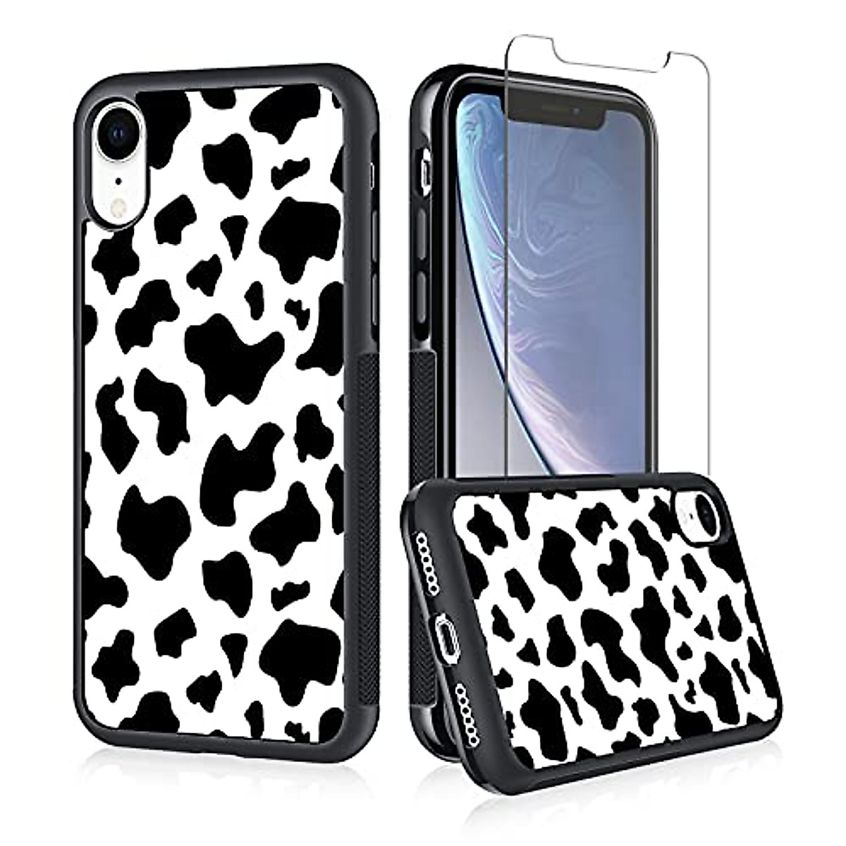 KANGHAR iPhone XR Case Tire Cow Print Cute Black White + Screen Protector Slim Anti-Scratch Shockproof Skid Outline Durable PC Layer TPU Bumper Full Body Protection Cover -6.1 Inch
