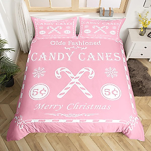 jejeloiu Christmas Bedding Set Queen Size Kids Christmas Quote Comforter Cover Set for Boys Girls Teens Candy Canes Print Duvet Cover Xmas Bedspread Cover Room Decorations Pink White Quilt Cover
