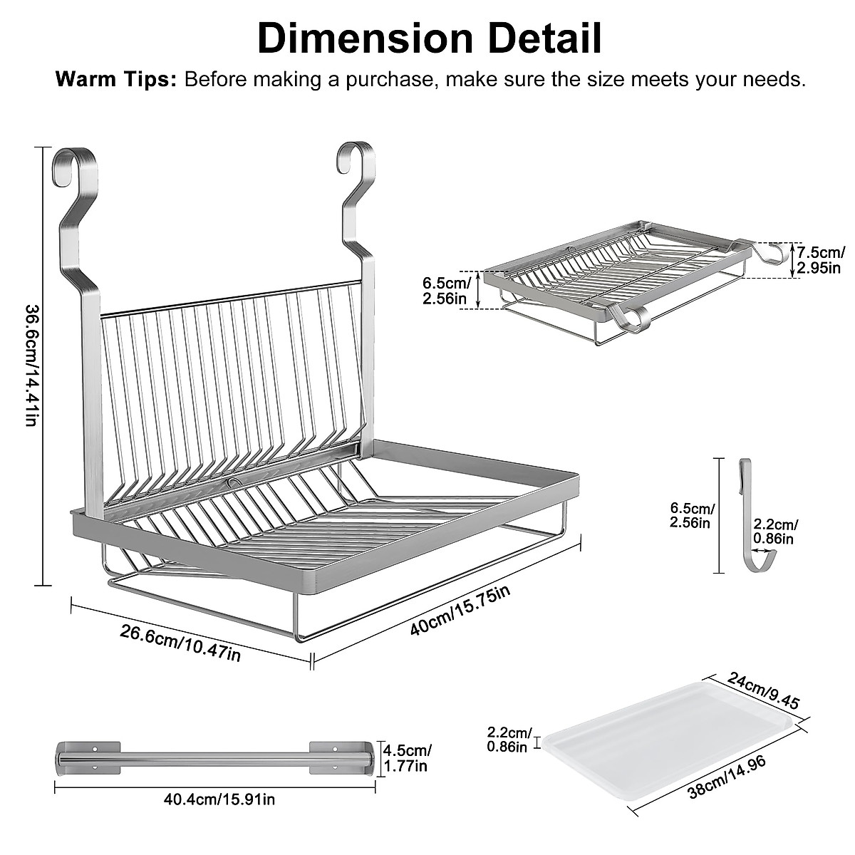 TQVAI Stainless Steel Hanging Dish Drainer Folding Dish Drying Rack with Rod, Drainboard and Hanging S Hooks - Silver