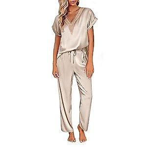 Ekouaer Womens Silk Pajamas Set Short Sleeve Satin Shirt with Long Pant Pjs Set V Neck Sleepwear with Floral Lace Champagne