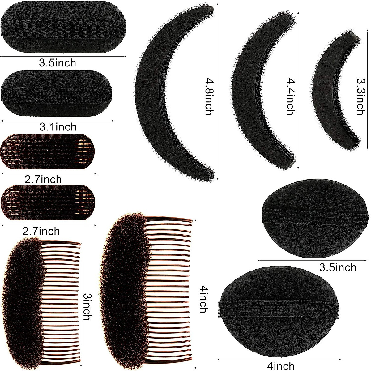 11 Pieces Sponge Volume Hair Bases Set Bump it Up Inserts Styling Tools Bump Up Combs Clips Sponge Hair Bun Updo Accessories for Women DIY Hairstyles(Black, Brown)