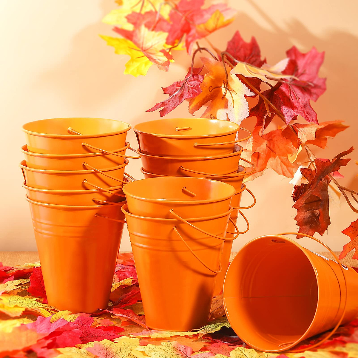12 Pack Halloween Galvanized Buckets, Metal Bucket with Handle, 5 Inch, Tin, Mini Round Flower Pot Plant Basket, Party Supplies for Christmas Halloween Candy Bars Vase Crafts Favors(Orange)