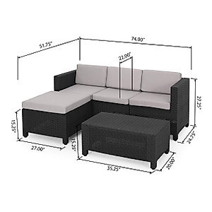 Great Deal Furniture Stephanie Outdoor Faux Wicker 3 Seater Sectional Set with Ottoman, Dark Gray and Gray