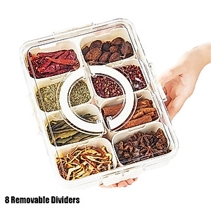 Mimeile Plastic Seasoning Organizer Box Spice Storage Containers Snack Condiment Food Holder 8 Compartment with Sealing Lid Handle Divided Serving Tray for Kitchen Cabinet Pantry Refrigerator