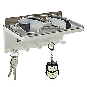 JDGOOMA Wall Mount Entryway Storage Organizer Small Stick On Key Holder Mail Letter Sorter Adhesive Wall Shelf with 5 Hooks -Leash,Keys Holder for Entryway,Mudroom,Hallway,Kitchen(Gray)