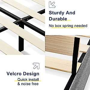 Molblly Queen Size Platform Bed Frame with Adjustable Headboard, Linen Fabric Wrap, Strong Frame and Wooden Slats Support, No Box Spring Needed, Non-Slip and Noise-Free, Easy Assembly, Dark Grey
