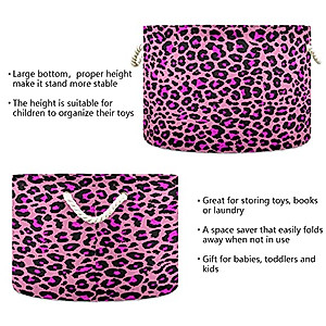Kigai Storage Basket Pink Purple Leopard Round Toy Baskets Foldable Nursery Organizer Waterproof Inner Layer with Sturdy Handles Clothes Laundry Hamper Bin