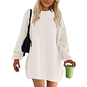 BTFBM 2025 Womens Sweaters Casual Crewneck Long Sleeve Oversized Sweater Dress Fall Winter Loose Slouchy Soft Pullover(Solid White, X-Large)