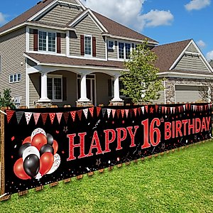 Red Black 16th Birthday Banner Decorations for Boys Girls, Black and Red Happy 16 Birthday Yard Banner Sign Party Supplies, Large Sixteen Year Old Birthday for Outdoor Indoor (9.8x1.6ft)