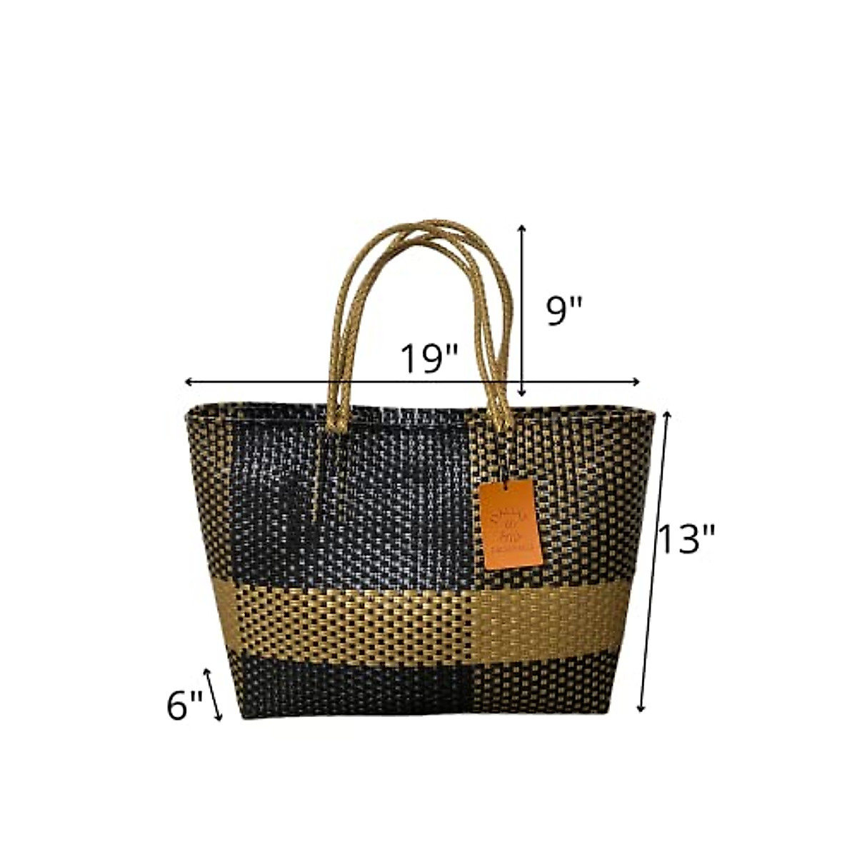 Dallas Hill Designs Handwoven Super Tote Bag for Women | Recycled Plastic Shoulder Purse | Summer Beach, Pool, and Travel Handbag (Black & Gold)