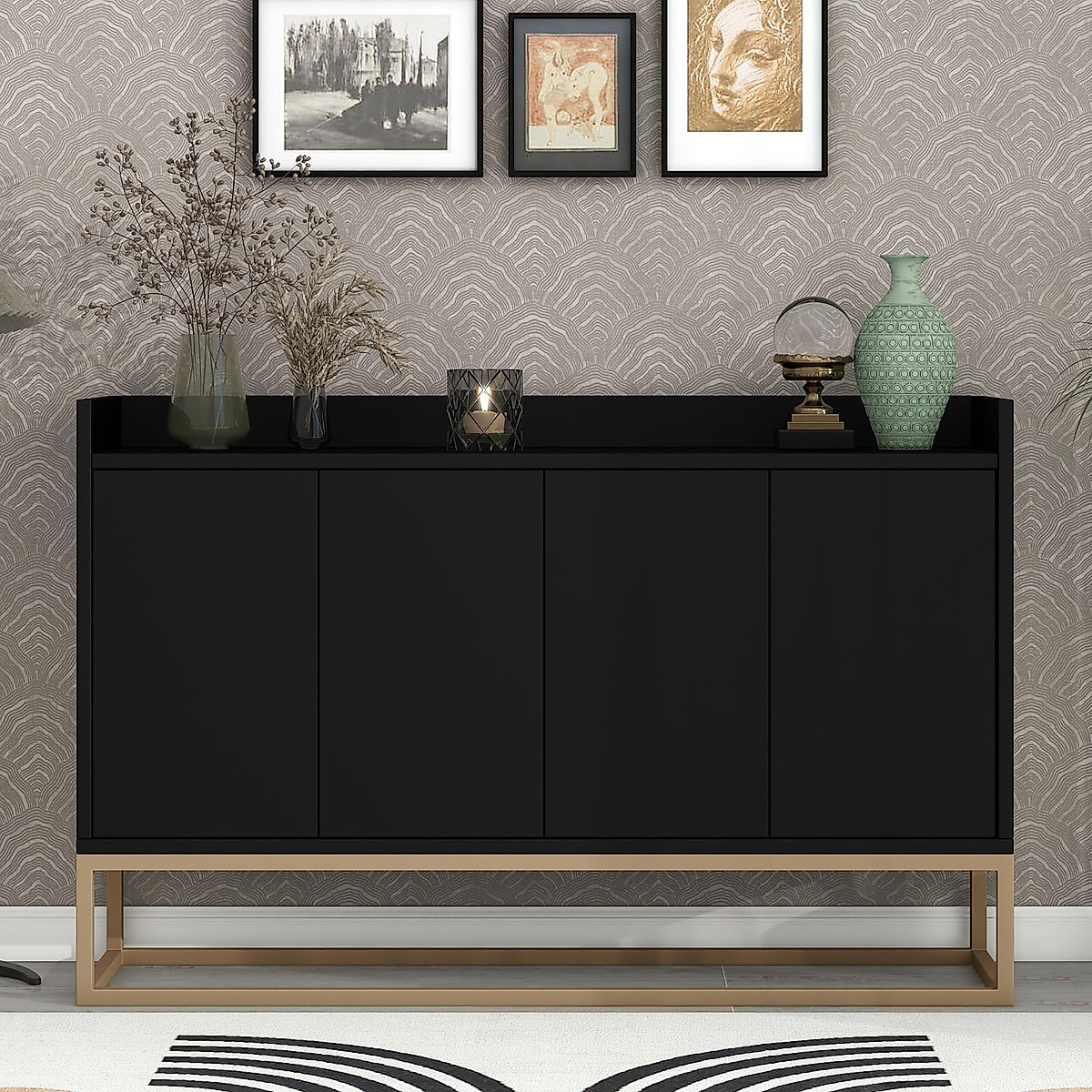 LUMISOL Modern Wood Kitchen Storage Sideboard Buffet Cabinet Console Table with Doors Wood Coffee Bar Cabinet with Shelves and Metal Base