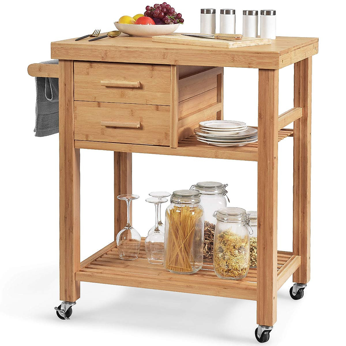 Giantex Kitchen Island, Bamboo Island Cart, Kitchen Trolley Cart on Wheels, Rolling Kitchen Cart, 2 Drawers, Towel Rack, Casters with Lock (Natural)