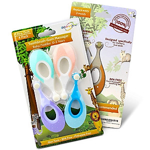 Ecovana - Baby Toothbrush for Infants & Toddlers 0-2 Years Old (4 Pack) | Bonus Fluoride Free Toothpaste Included | Teething Handle with Finger Hole & Extra Soft Bristles | Flexible BPA Free Plastic