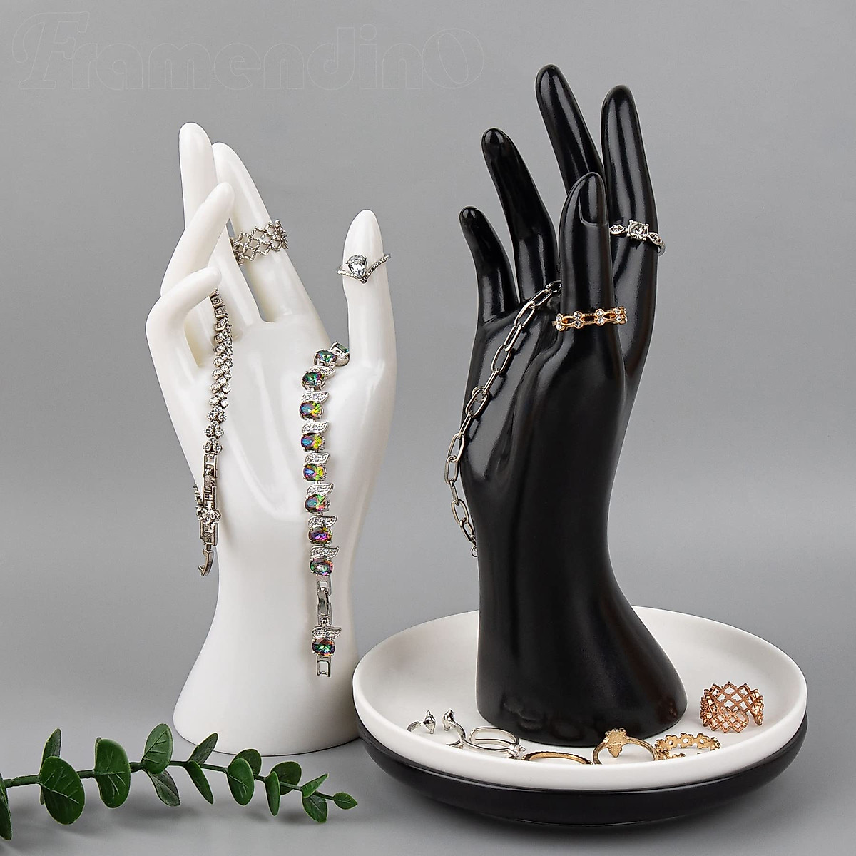 Framendino, Female Mannequin Hand Jewelry Display Holder Stand for Bracelet Necklace Ring Plastic (Black & White Flesh, 3 Pack)