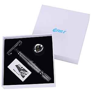 BAILI Butterfly Open TTO Double Edge Safety Razor Long Handle Wet Shaving for Men Women with 5 Platinum Blades and Stand Agate Black BD278L