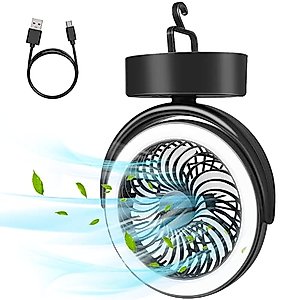 Hapther Camping Fan with LED lantern, Hanging Hook Desk Fan with 3000 mAh Battery Operated, Portable 2 In 1 Rechargeable Mini Tent Fan Light for Outdoor Hiking, Hurricane, Emergency, Outages, black