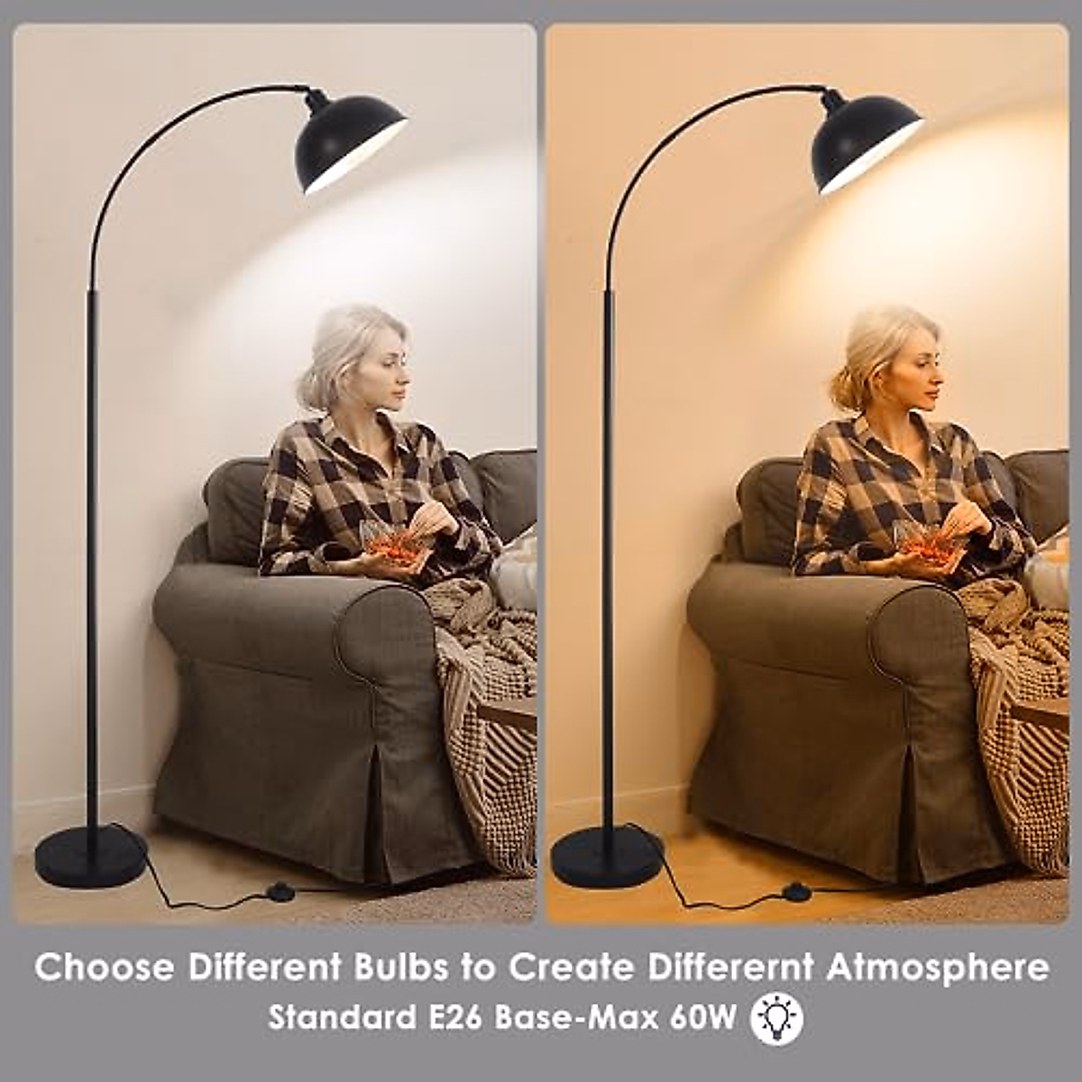 gernehop Arc Floor Lamps for Living Room,Modern Tall Standing Lamp,Black Floor Lamp with Adjustable Hanging Dome Shade,Over Couch Mid Century Arched Reading Lamp for Bedroom,Office