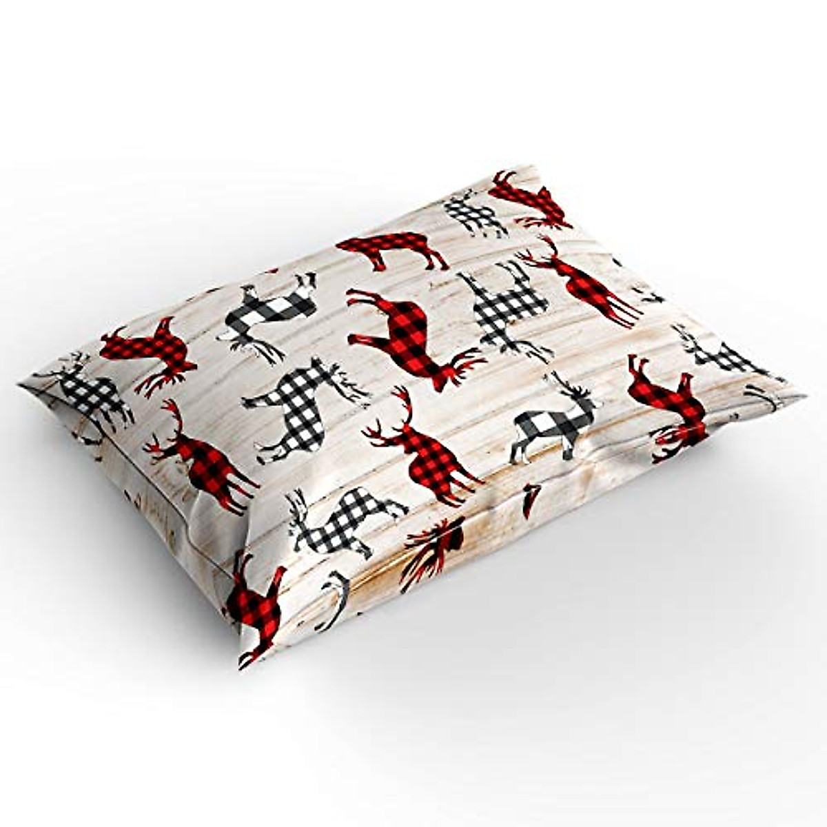 TocaHome Duvet Cover Full Size, 4 Pieces Comforter Cover Set, Christmas Red and Black Lattice Elk on Wood Grain Soft Bedding Sets - 1 Full Duvet Cover, 1 Bed Sheet and 2 Pillowcases