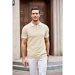 COOFANDY Mens Zipper Polo Shirt Short Sleeve Muscle Polo Shirt Golf Polo T Shirt Cream Color