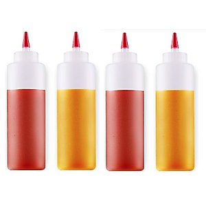 BOTTLIFY 16oz Squeeze Bottles with Red Cap-Pack of 4 Wide Mouth, Leak Proof Refillable Condiment Container for Kitchen Use