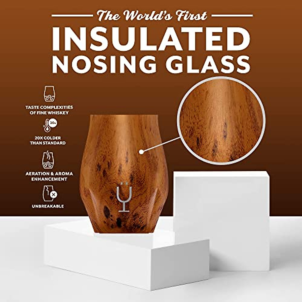BrüMate NOS'R, Double-Wall Stainless Steel Whiskey Nosing Glass - 7 Oz (Walnut)