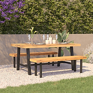 Flash Furniture Rafe Commercial Grade Acacia Wood Dining Table with Metal Base, Indoor/Outdoor Rectangle Patio Table with Plank Style Table Top, Natural/Black