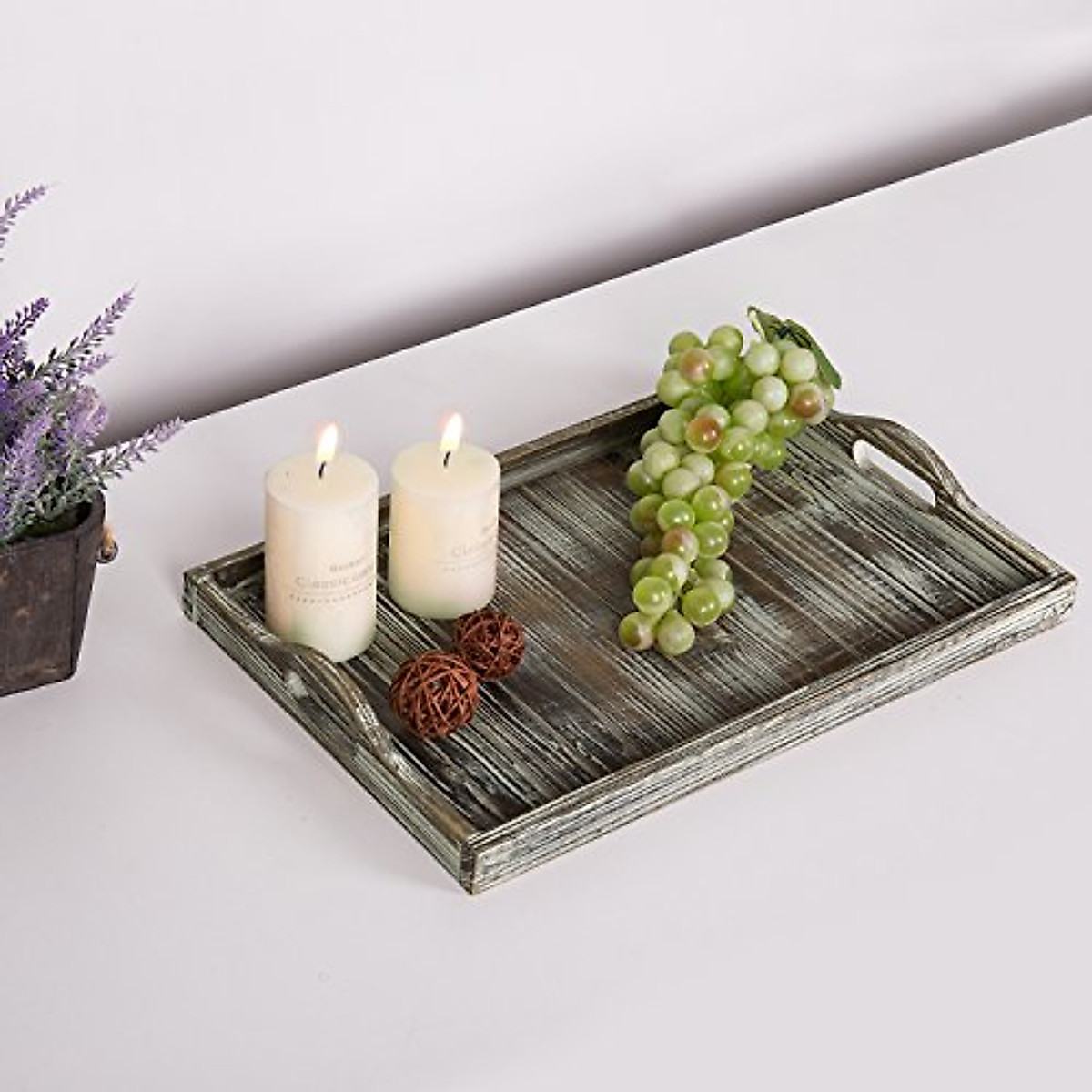 MyGift Rustic Torched Solid Wood Large Serving Tray with Cutout Handles with Slatted Design, Breakfast Ottoman Coffee Table Tray, 16 x 11 Inches