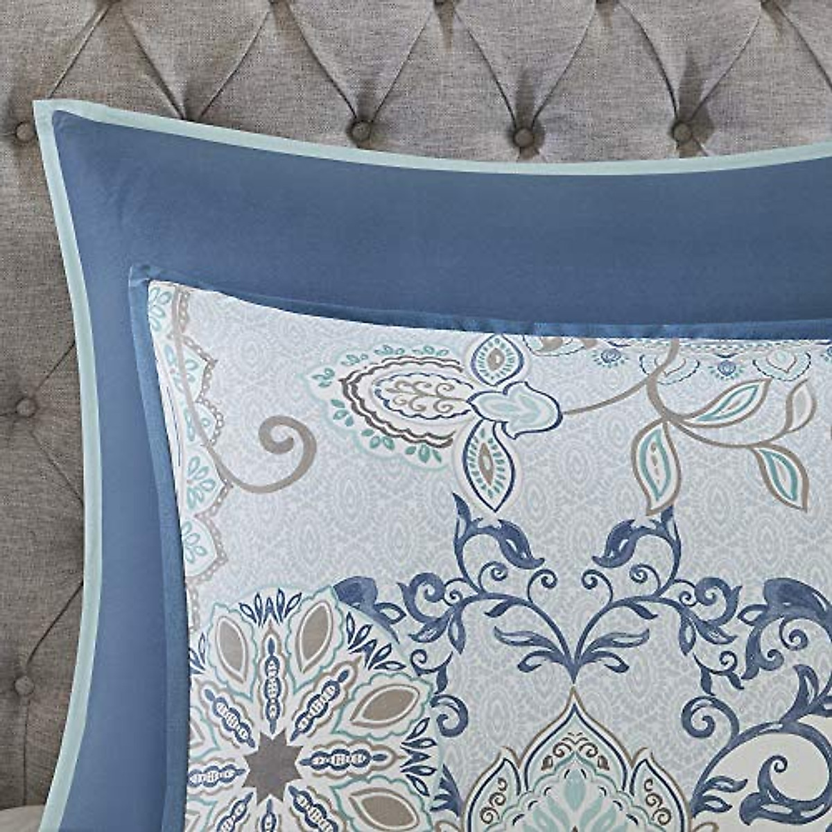 Madison Park Season Set, Matching Bed Skirt, Decorative-Pillows, Queen(90"x90"), Isla, Floral Medallion Blue 8 Piece