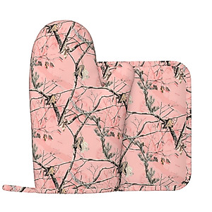 Pink Leaves Camo Silicone Oven Mitts Pot Holder Sets 2pcs Cute Design Washable Non Slip Kitchen Heat Resistant Mat Women's Cooking Gloves for Baking and BBQ Wear