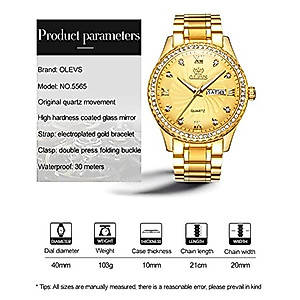 OLEVS Gold Watches for Men Diamond Luxury Wrist Watch Valentines Gifts Set Waterproof Stainless Steel Big Face Luminous Classic Casual Dress Day Date Calendar Analog Quartz Watch for Young Male