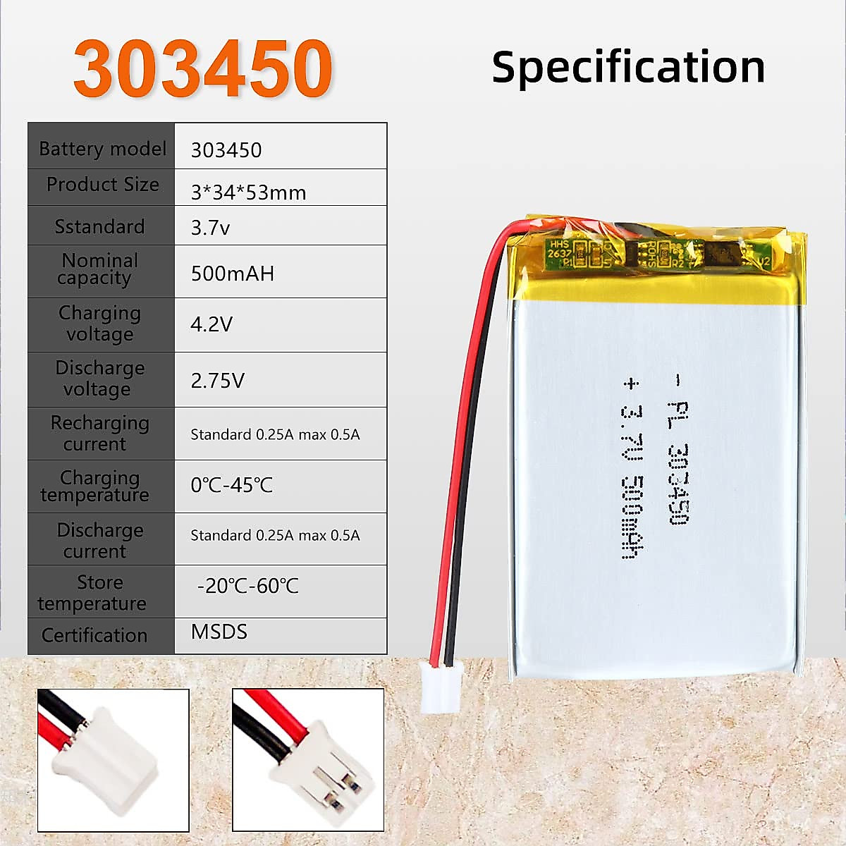 AKZYTUE 3.7V 500mAh 303450 Lipo battery Rechargeable Lithium Polymer ion Battery Pack with PH2.0mm JST Connector