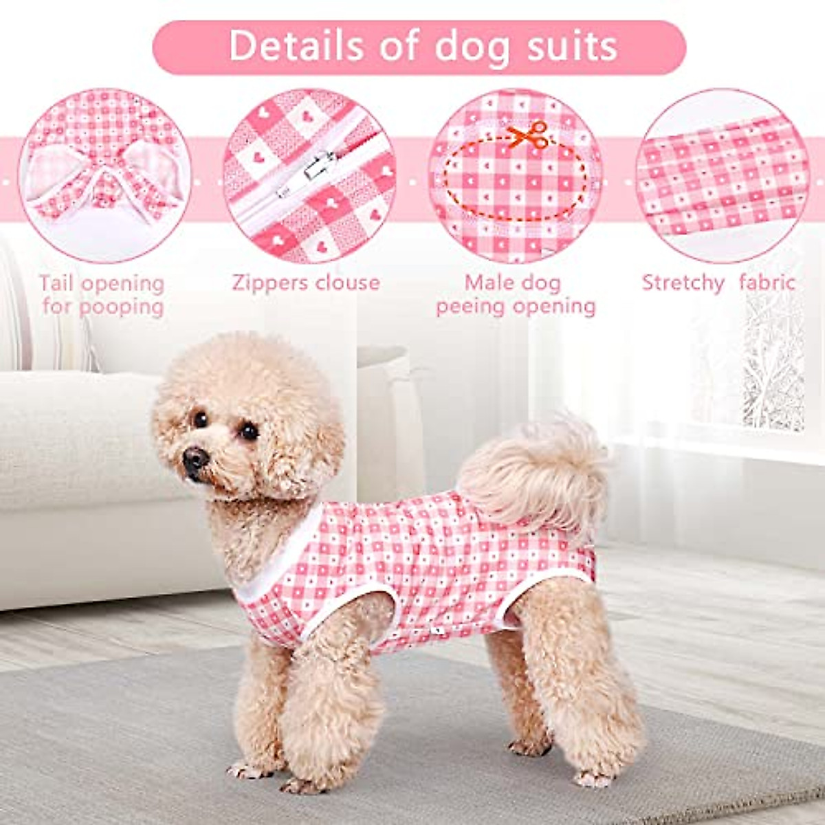 Etdane Recovery Suit for Dog Cat After Surgery Dog Surgical Recovery Onesie Female Male Pet Bodysuit Dog Cone Alternative Abdominal Wounds Protector Pink Plaid/Hear/X-Small
